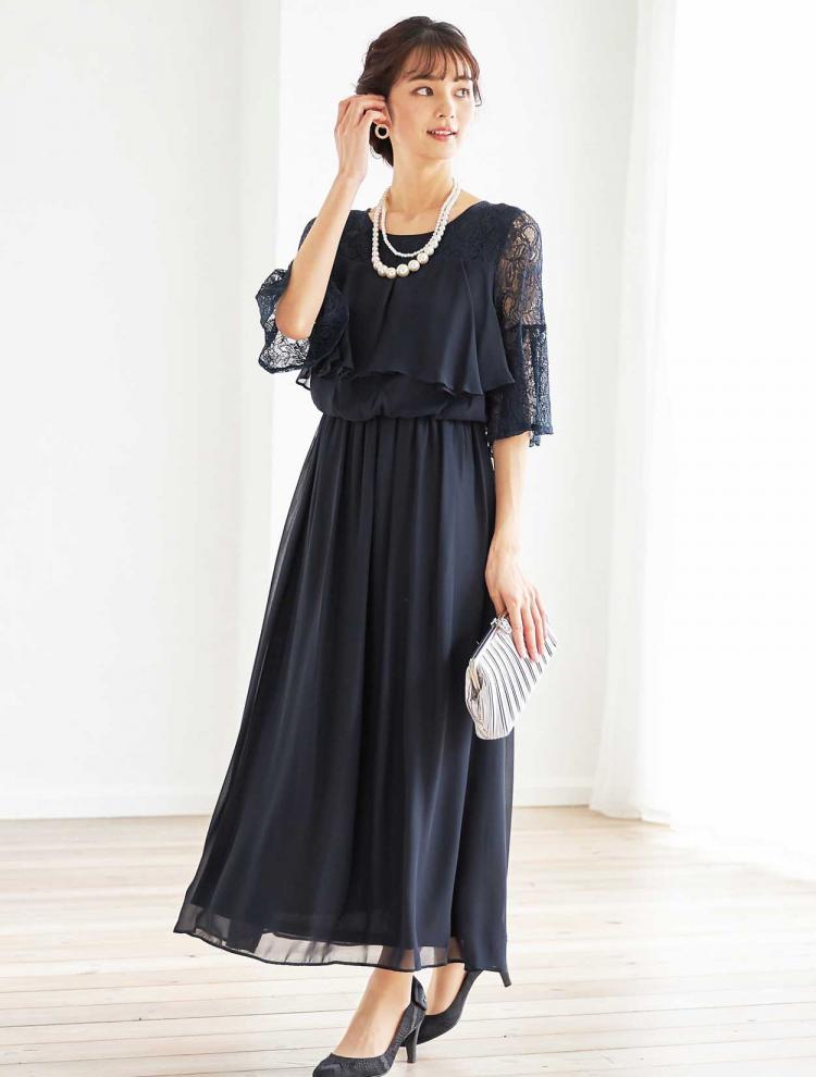 【LL/3L/4L/5L】袖レース七分袖ロングドレス（ネイビー）DPSET0354Lのレンタルページ｜結婚式パーティーの上質ドレスレンタルならDressPark
