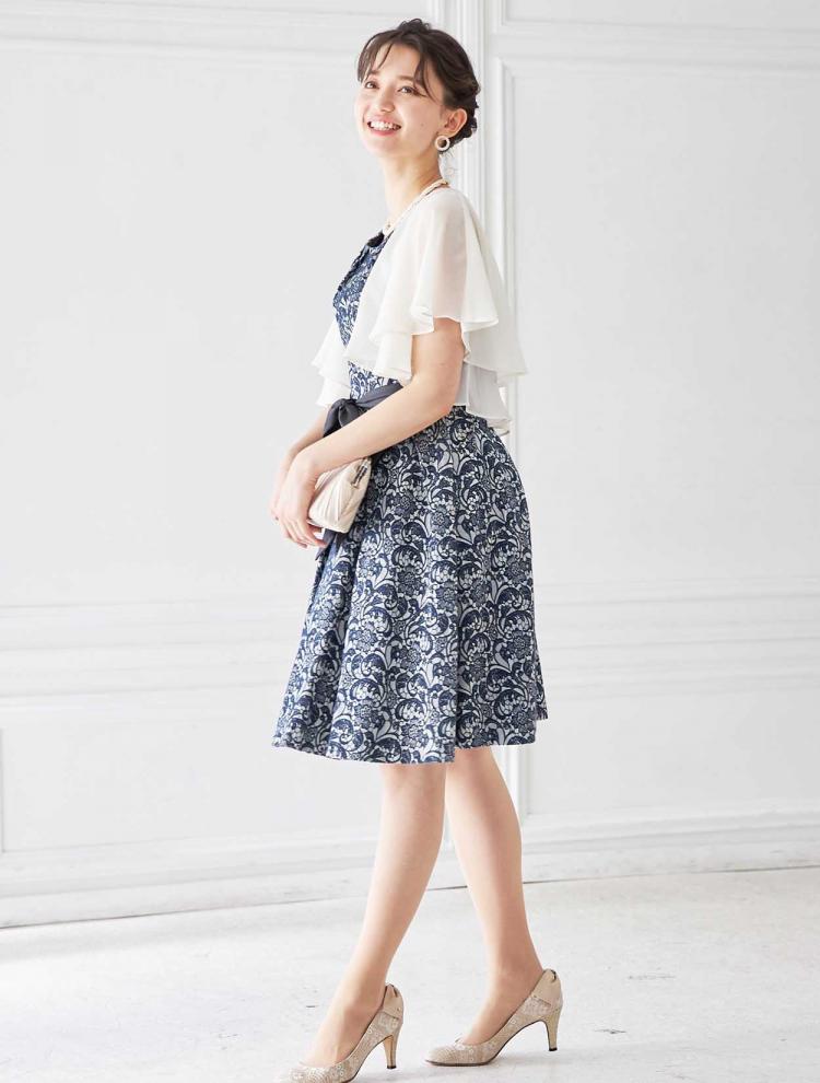 【SS～L】ジャガードレース柄レースアップドレス（ネイビー）DPSET0240のレンタルページ｜結婚式パーティーの上質ドレスレンタルならDressPark